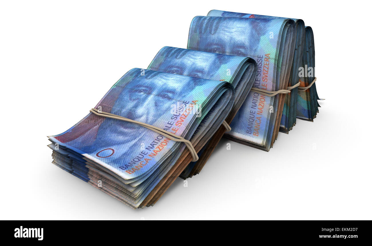 A close-up view of five wads of folded over stacks of swiss franc ...
