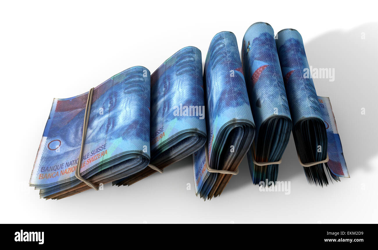 A close-up view of five wads of folded over stacks of swiss franc ...