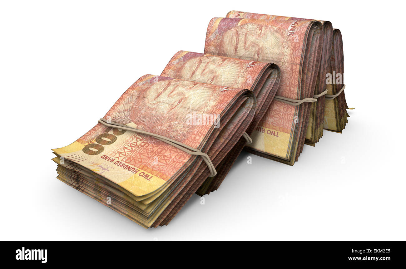 A close-up view of five wads of folded over stacks of south african ...