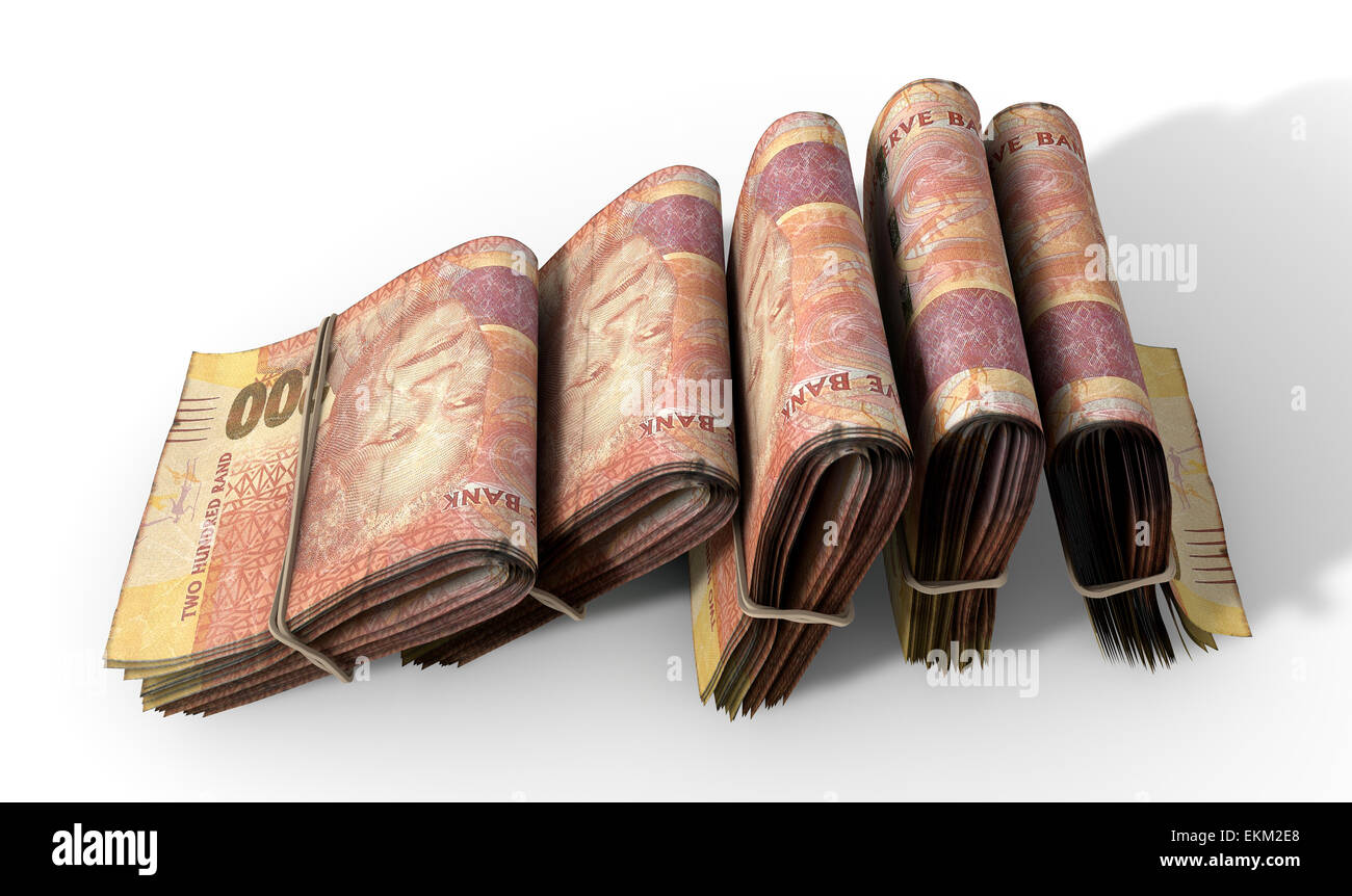 A close-up view of five wads of folded over stacks of south african ...
