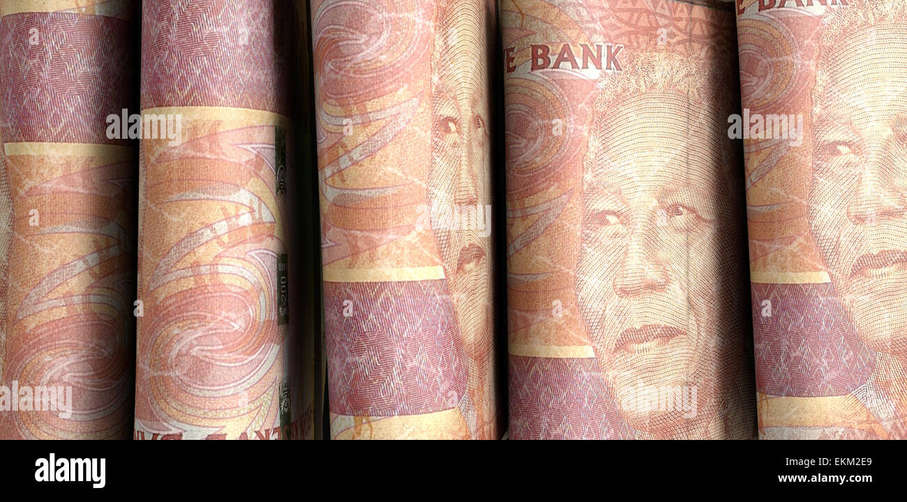 A close-up view of five wads of folded over stacks of south african ...