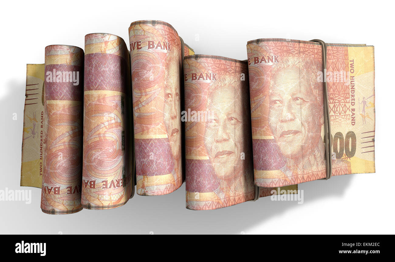 A close-up view of five wads of folded over stacks of south african ...