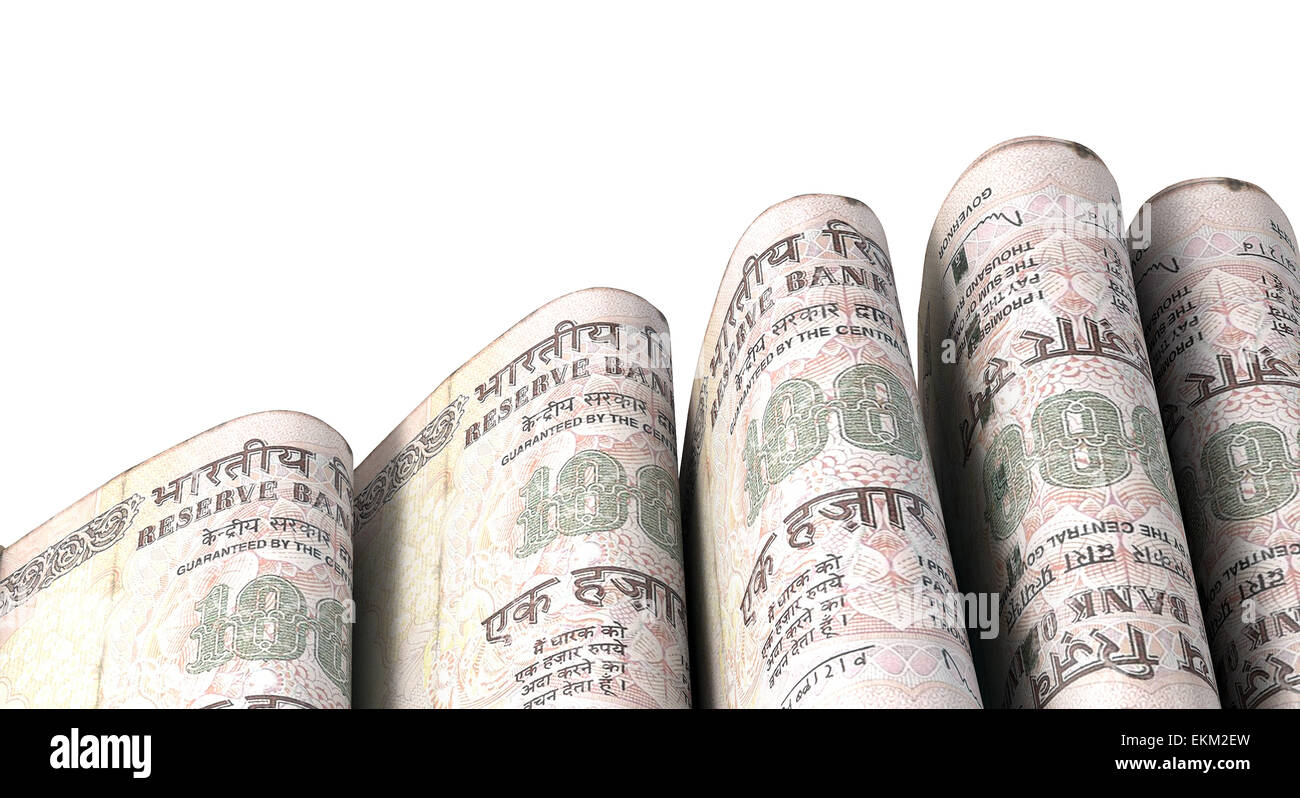 A close-up view of five wads of folded over stacks of indian rupee ...