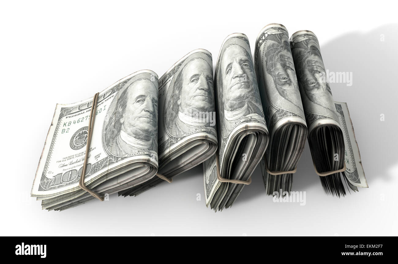 A close-up view of five wads of folded over stacks of us dollar ...