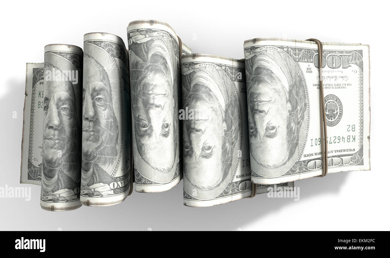 A close-up view of five wads of folded over stacks of us dollar ...