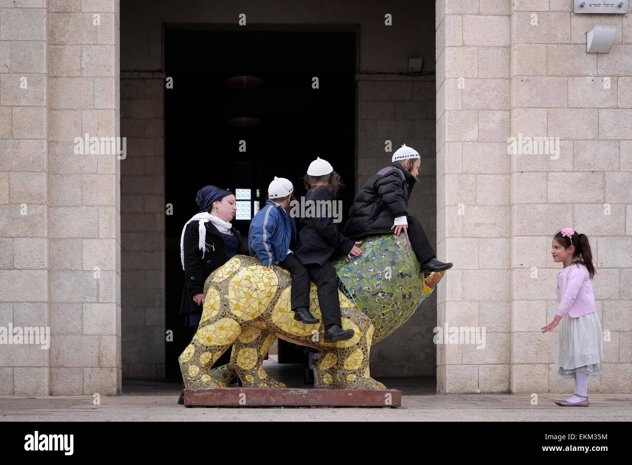 Ultra Orthodox Jewish children playing at the Jerusalem city hall ...