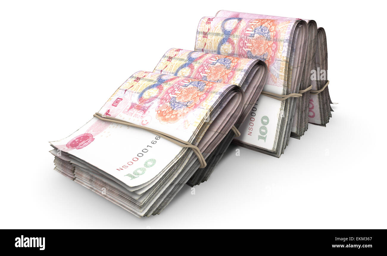 A close-up view of five wads of folded over stacks of chinese yuan ...