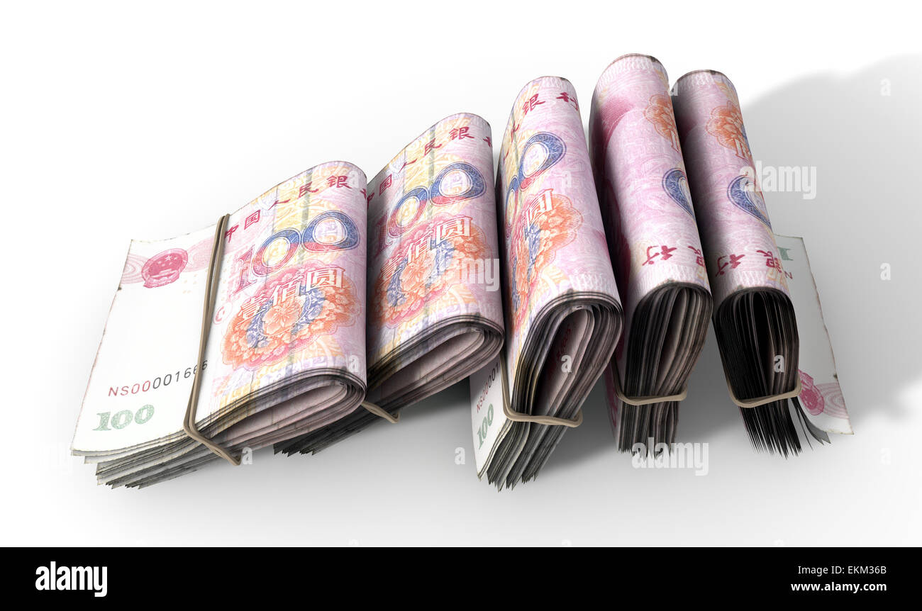 A close-up view of five wads of folded over stacks of chinese yuan ...