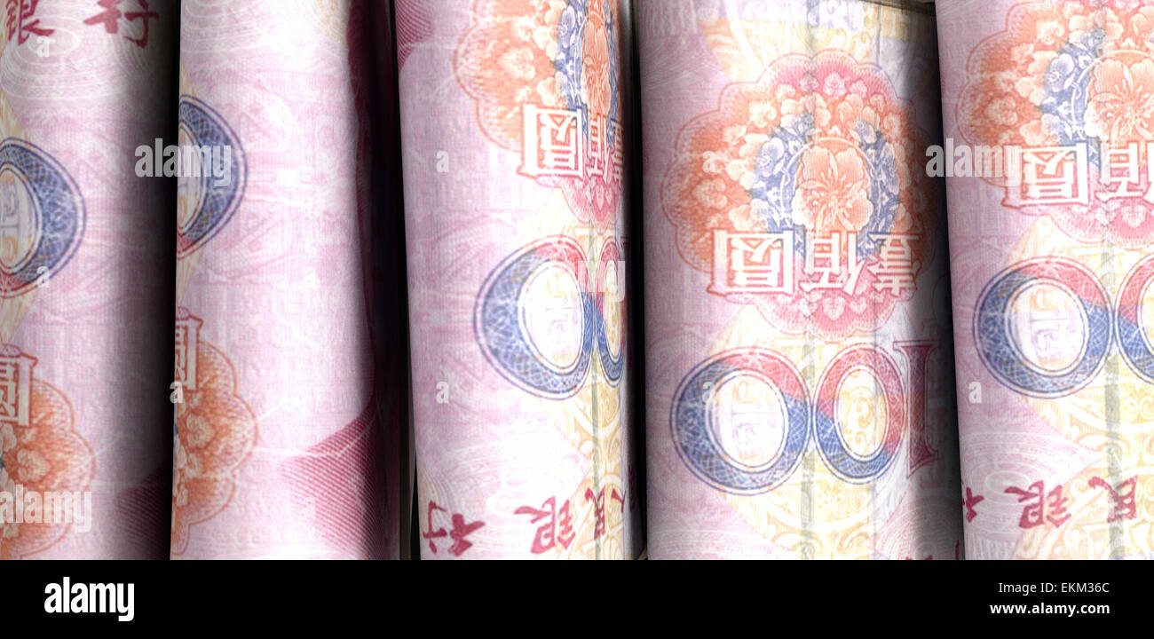 A close-up view of five wads of folded over stacks of chinese yuan ...