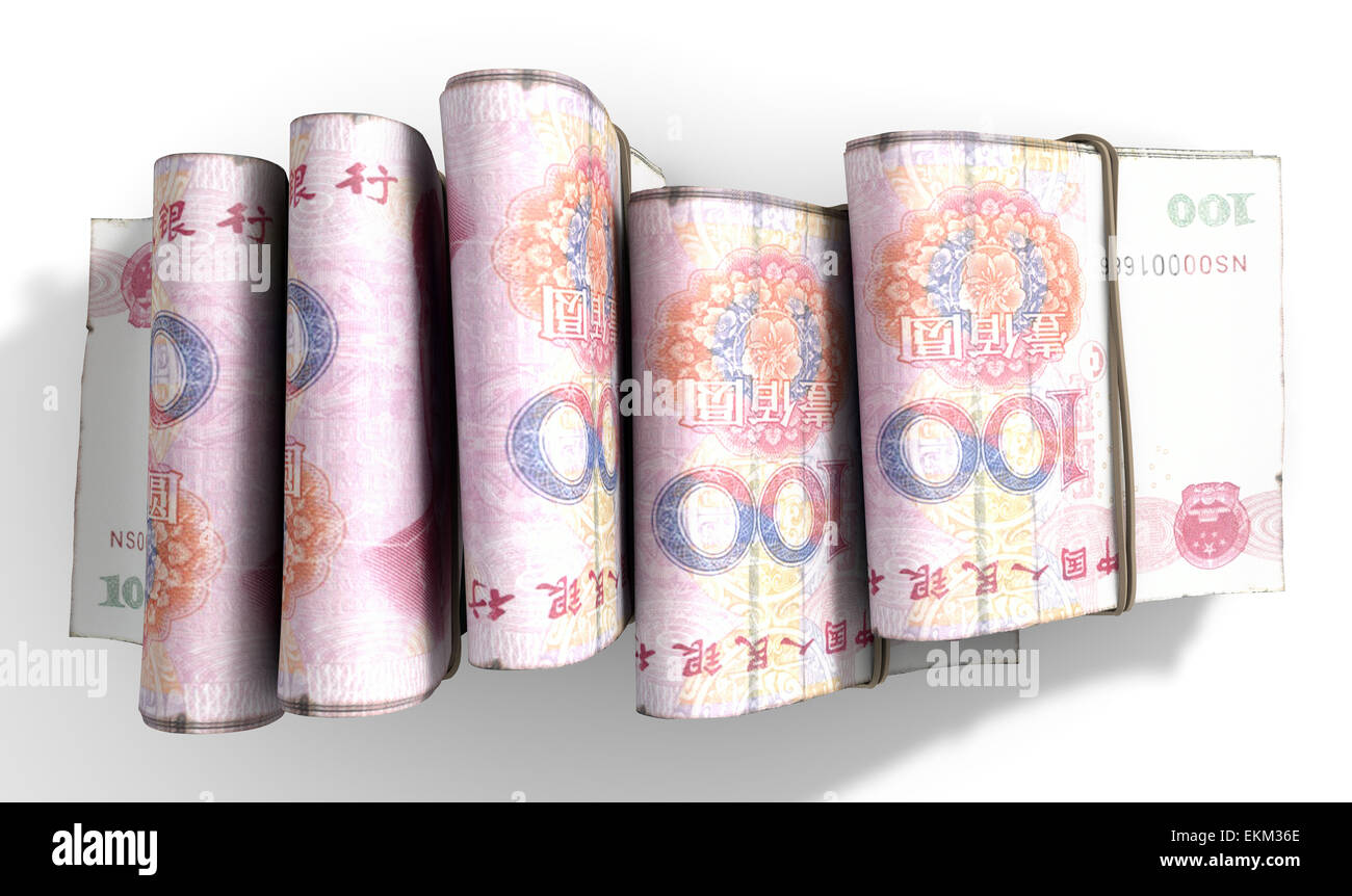 A close-up view of five wads of folded over stacks of chinese yuan ...
