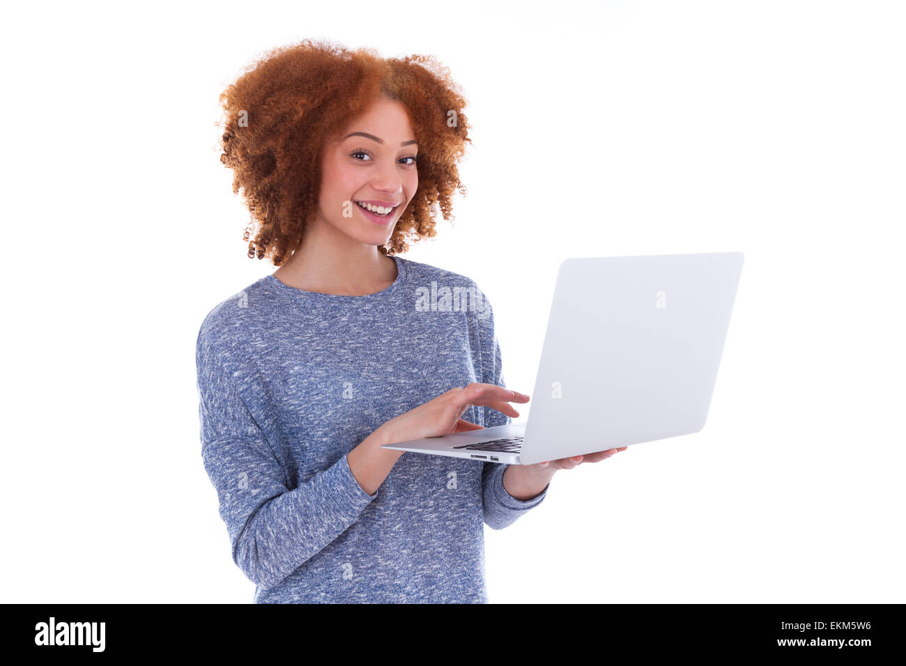 Black African American student girl using a laptop, over white ...