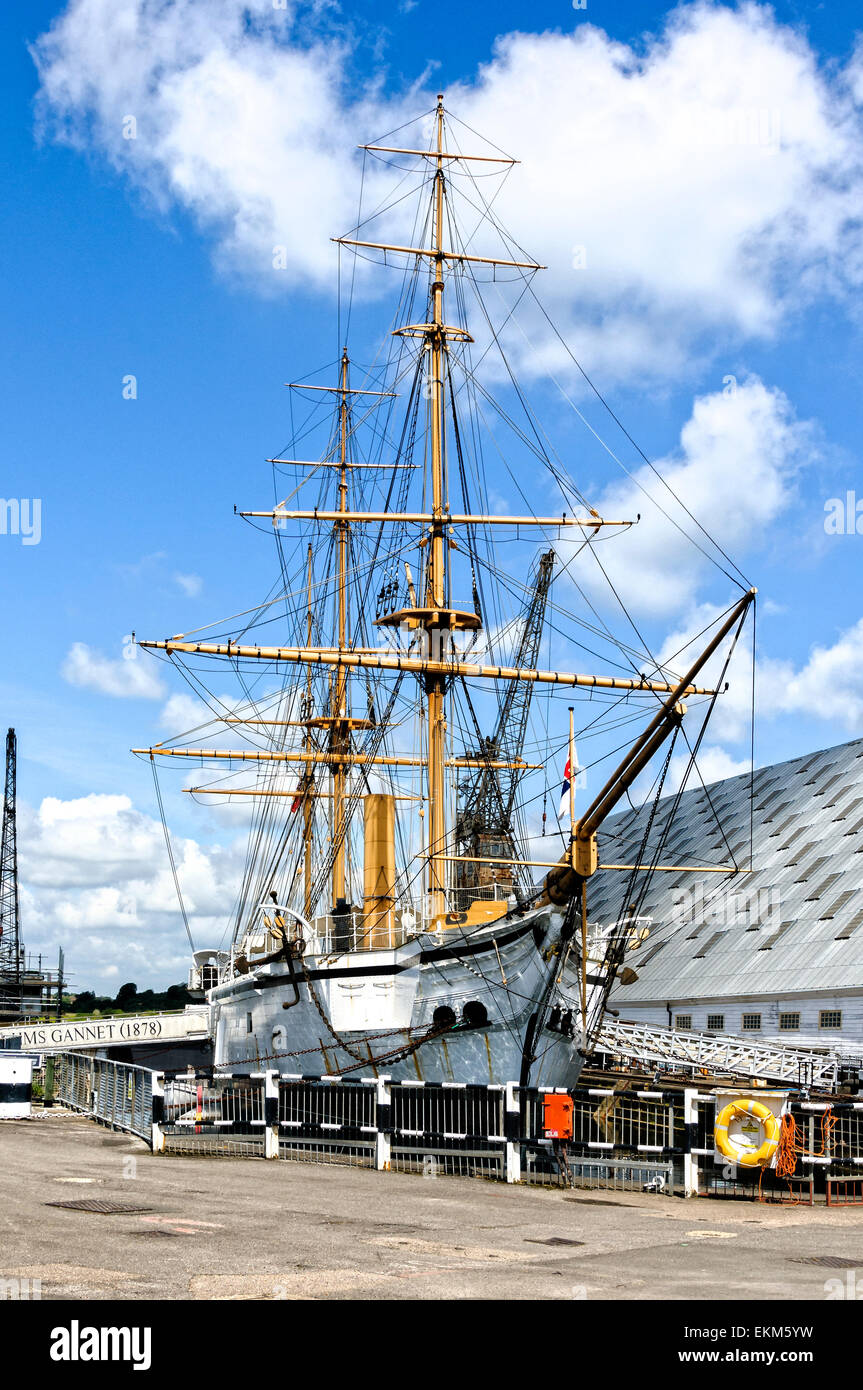 The sleek lines of the iron framed teak hull of the sloop HMS Gannet ...