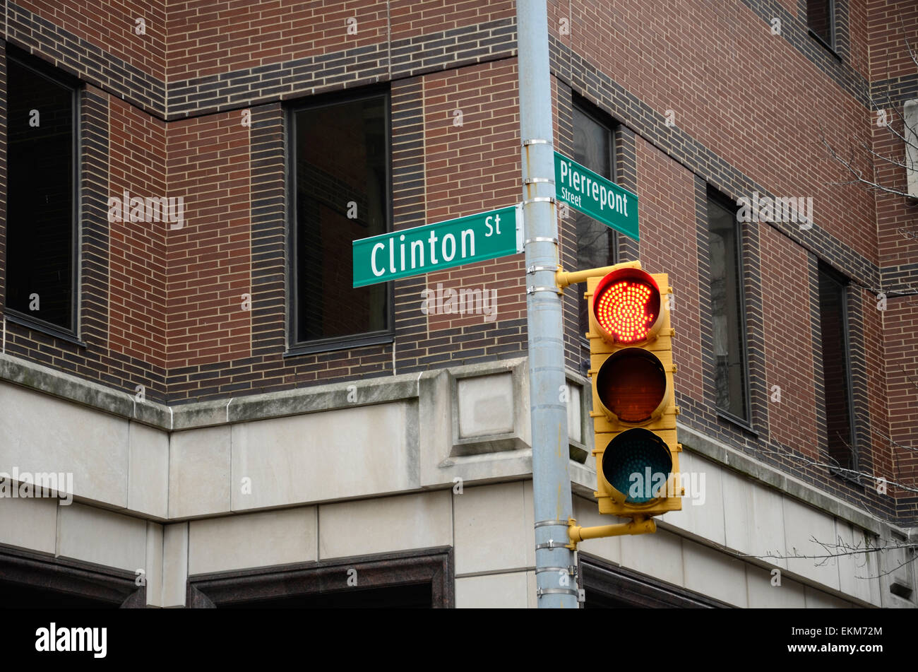 Street signs at the intersection of Clinton Street and Pierrepont ...