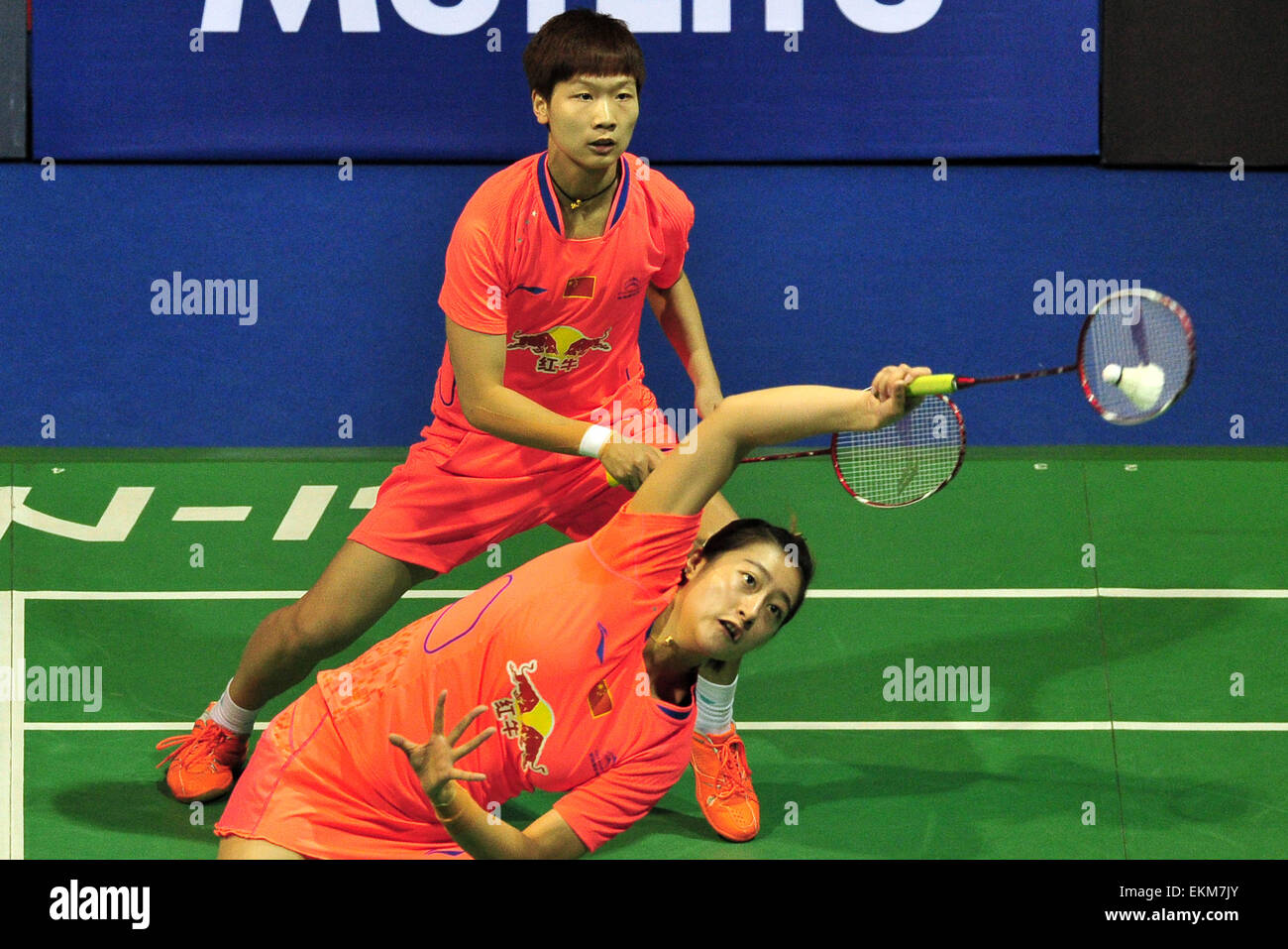 Singapore. 12th Apr, 2015. Ou Dongni (Rear) and Yu Xiaohan of China ...