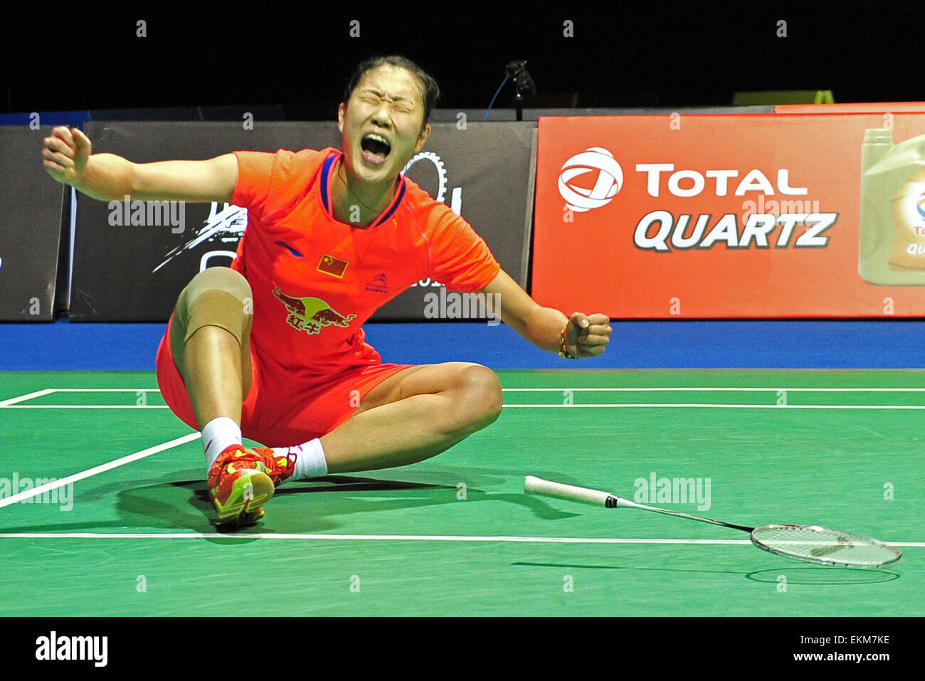 Singapore. 12th Apr, 2015. Sun Yu of China celebrates after winning her ...