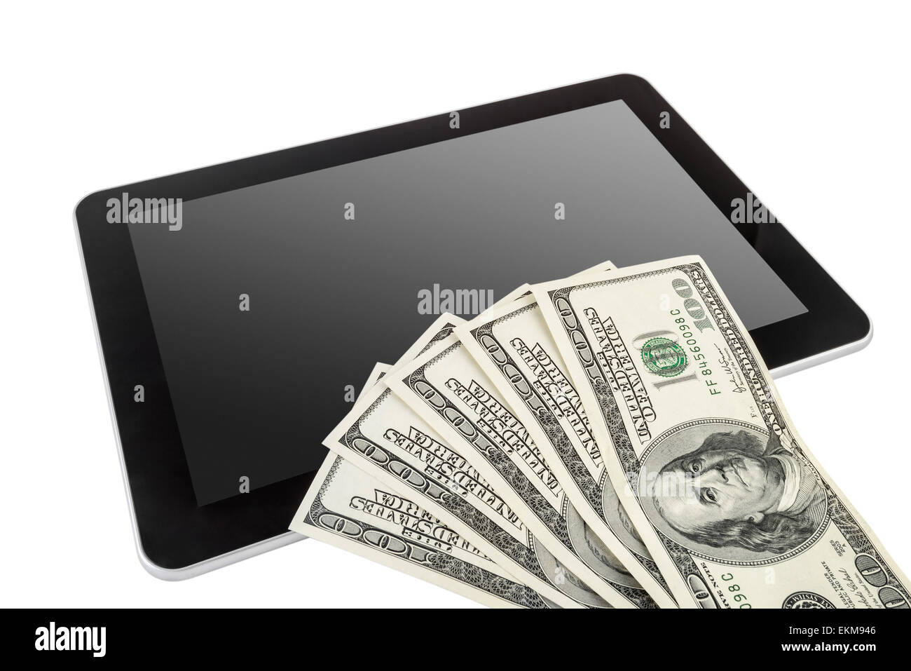 Digital Tablet with US Dollars on top. Isolate on white background with ...