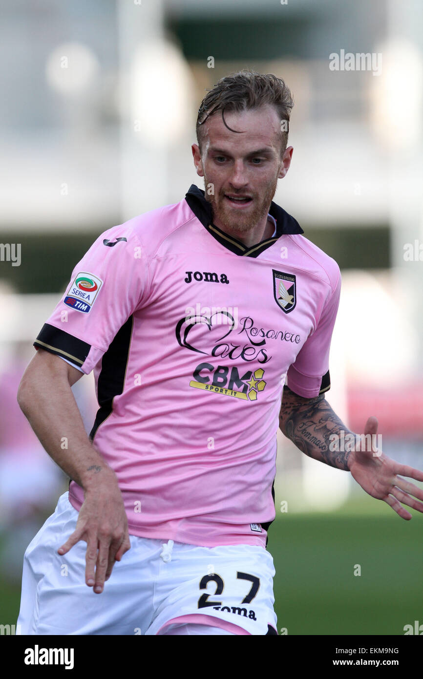 Udine, Italy. 12th April, 2015. Palermo's midfielder Luca Rigoni reacts ...