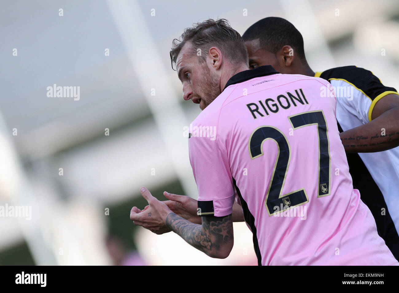 Udine, Italy. 12th April, 2015. Palermo's midfielder Luca Rigoni reacts during the Italian Serie ...