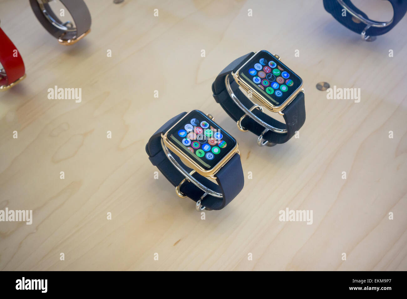 New York, USA. 12th April, 2014. A vitrine of display Apple Watches in ...