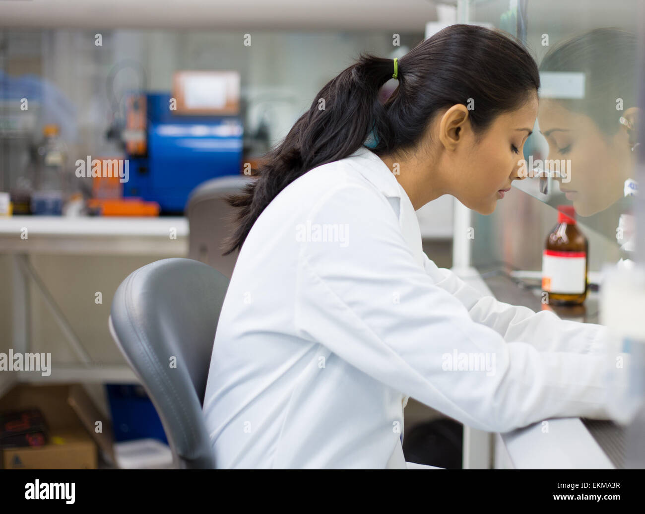 Closeup portrait, tired young woman scientist,crashing, with failed ...