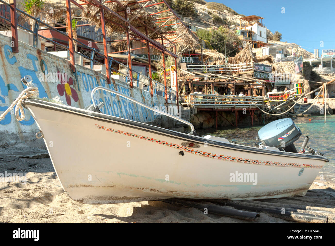 Mediterranean mood and a relaxed mood in colorful Matala, on the Bay of ...