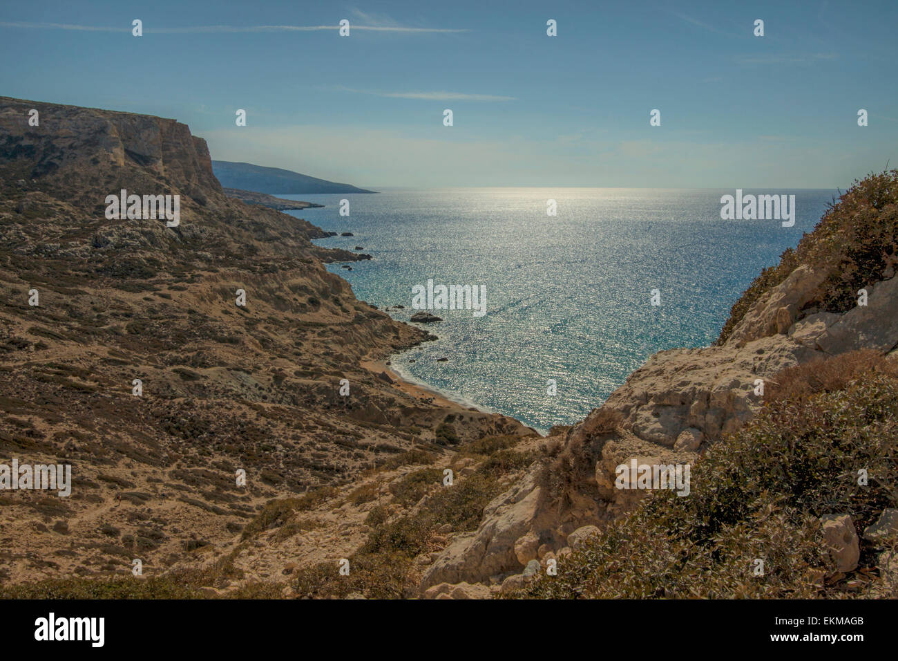 Last sunlight over the Libyan Sea and view on the Red Beach, located on ...