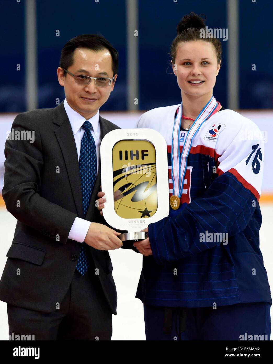 Beijing, China. 12th Apr, 2015. Livia Lucova (R) of Slovakia poses with ...
