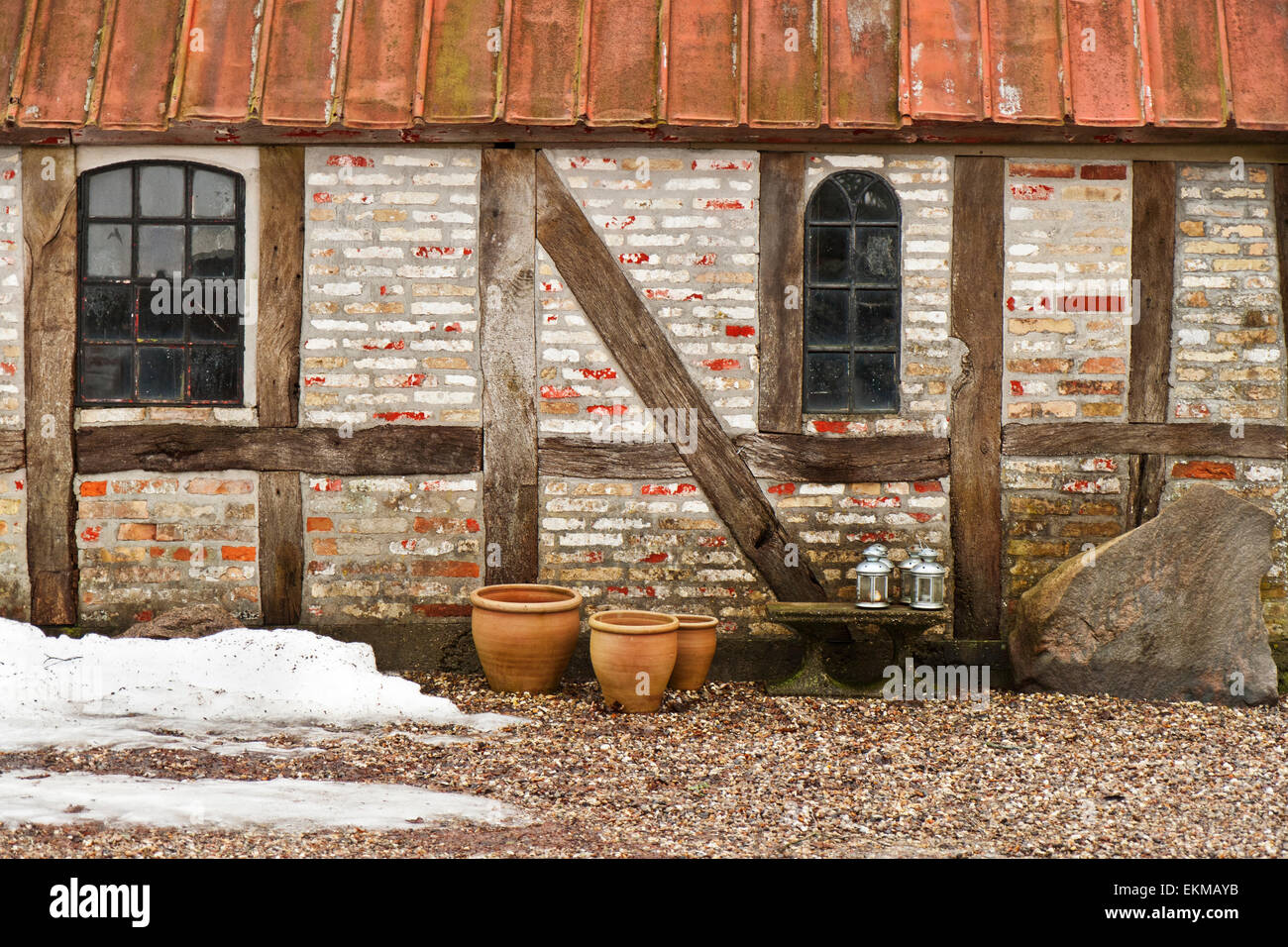Half-timbered wall in an old farm building. Shot taken at winter time ...
