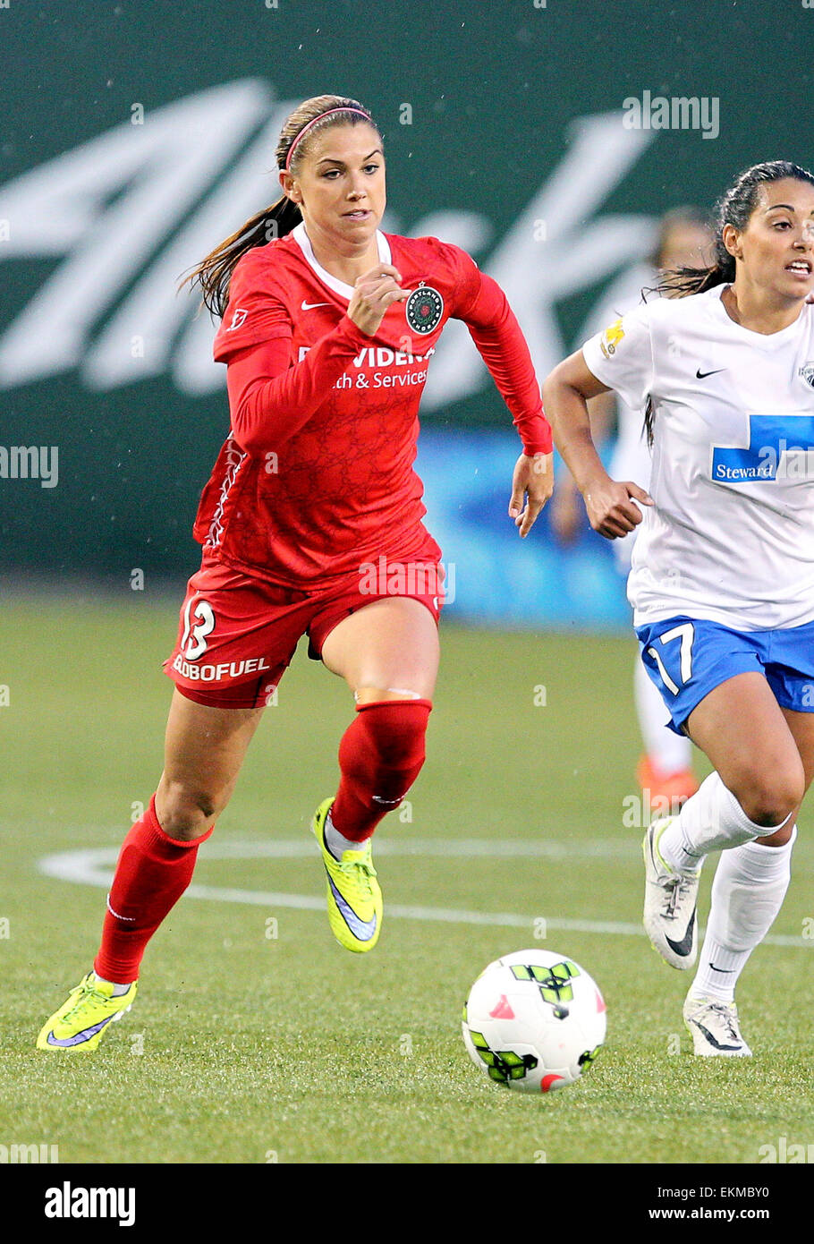 April 12, 2015: Portland Thorns midfielder Alex Morgan (13) races up ...