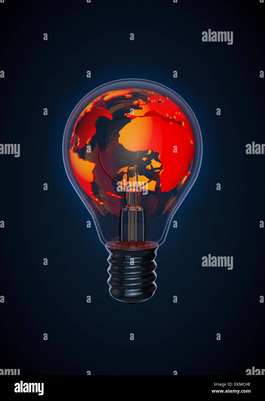 3D render of glowing red relief map of earth inside light bulb Stock ...