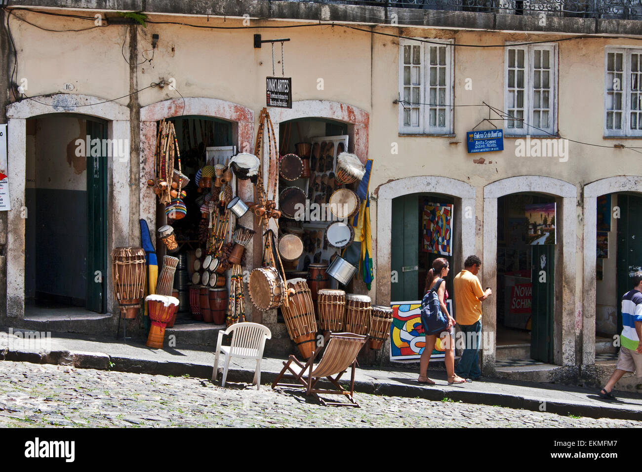 Salvador de Bahia, Brazil, an street shop of typical local musical ...