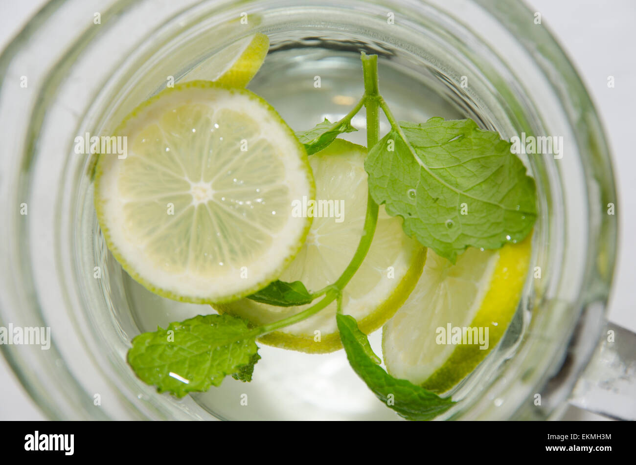 Fresh water with lemon slices and mint leaves in a pitch from above ...