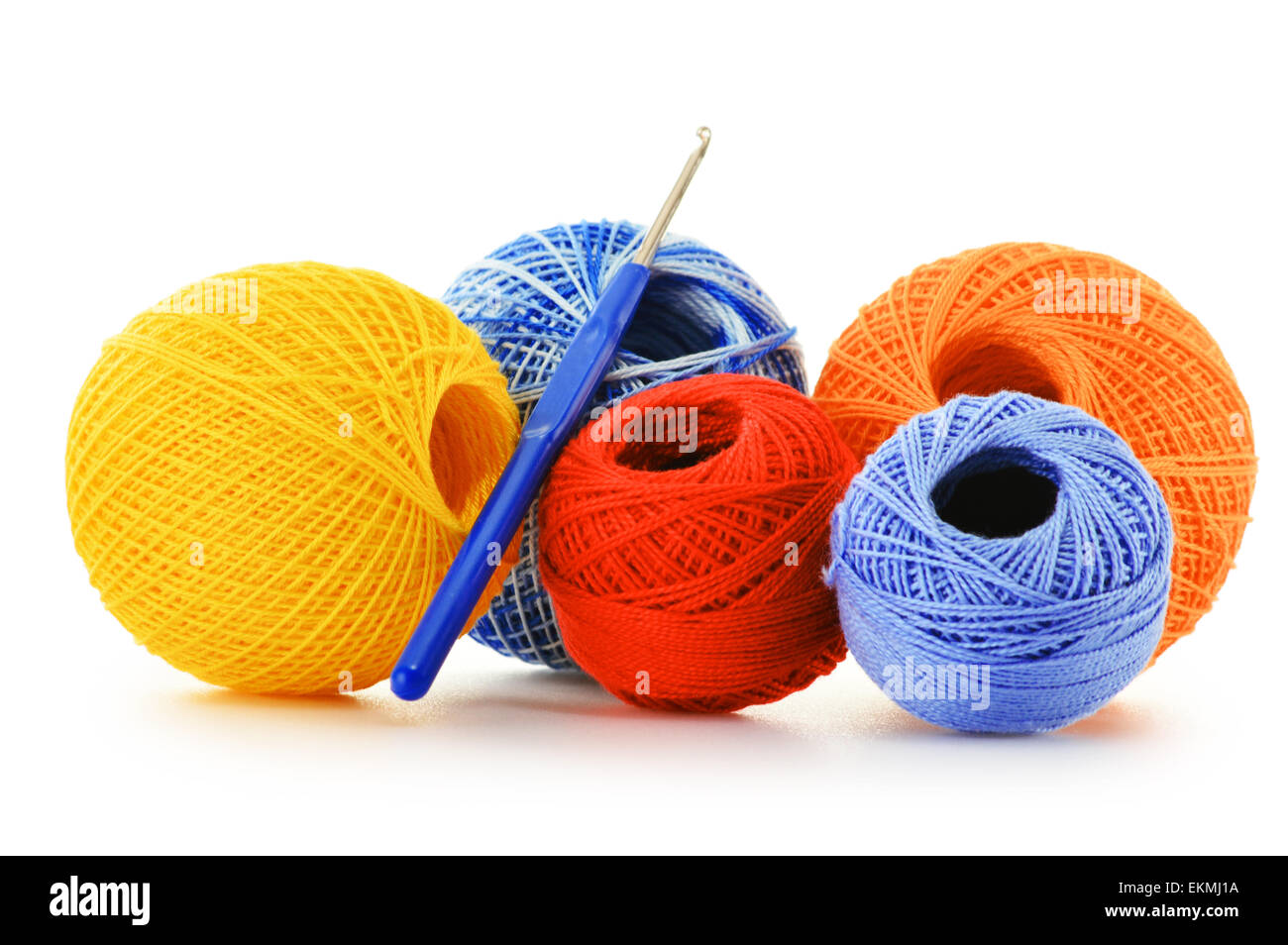 Colorful yarn for crocheting and hook isolated on white background ...