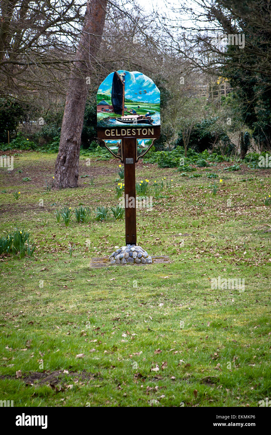 Geldeston Village sign post, Suffolk Stock Photo - Alamy