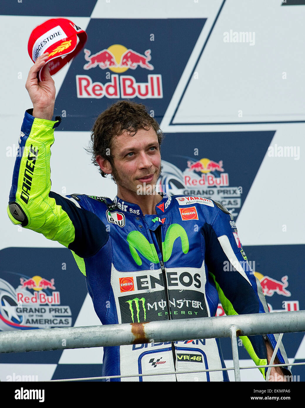 April 12, 2015: Valentino Rossi #46 waves to the crowd after his win at ...