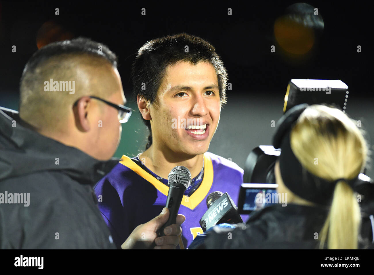 April 11, 2015: Albany Great Danes attackman Lyle Thompson (4) speaks ...