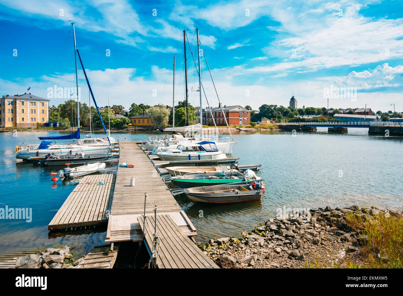 Helsinki, Finland. Harbour And Quay Yacht Stand At Pier, Jetty In ...