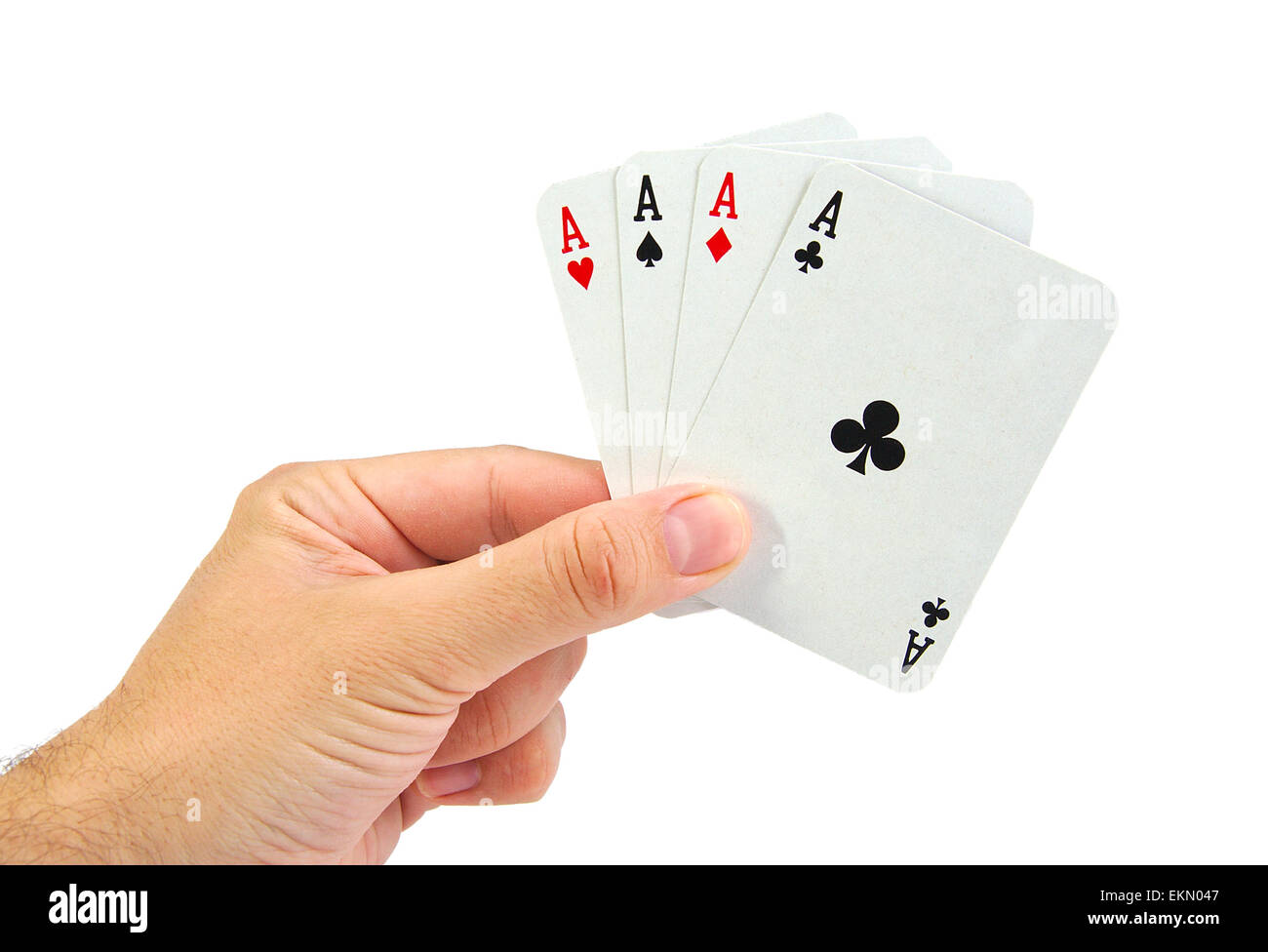 Hand with four aces isolated on white background Stock Photo - Alamy