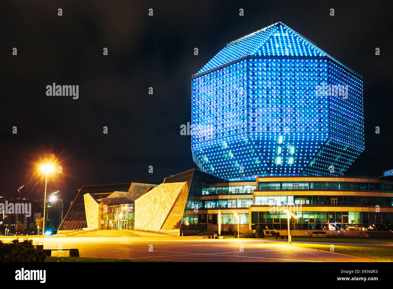 Unique Building Of National Library Of Belarus In Minsk At Night Scene ...