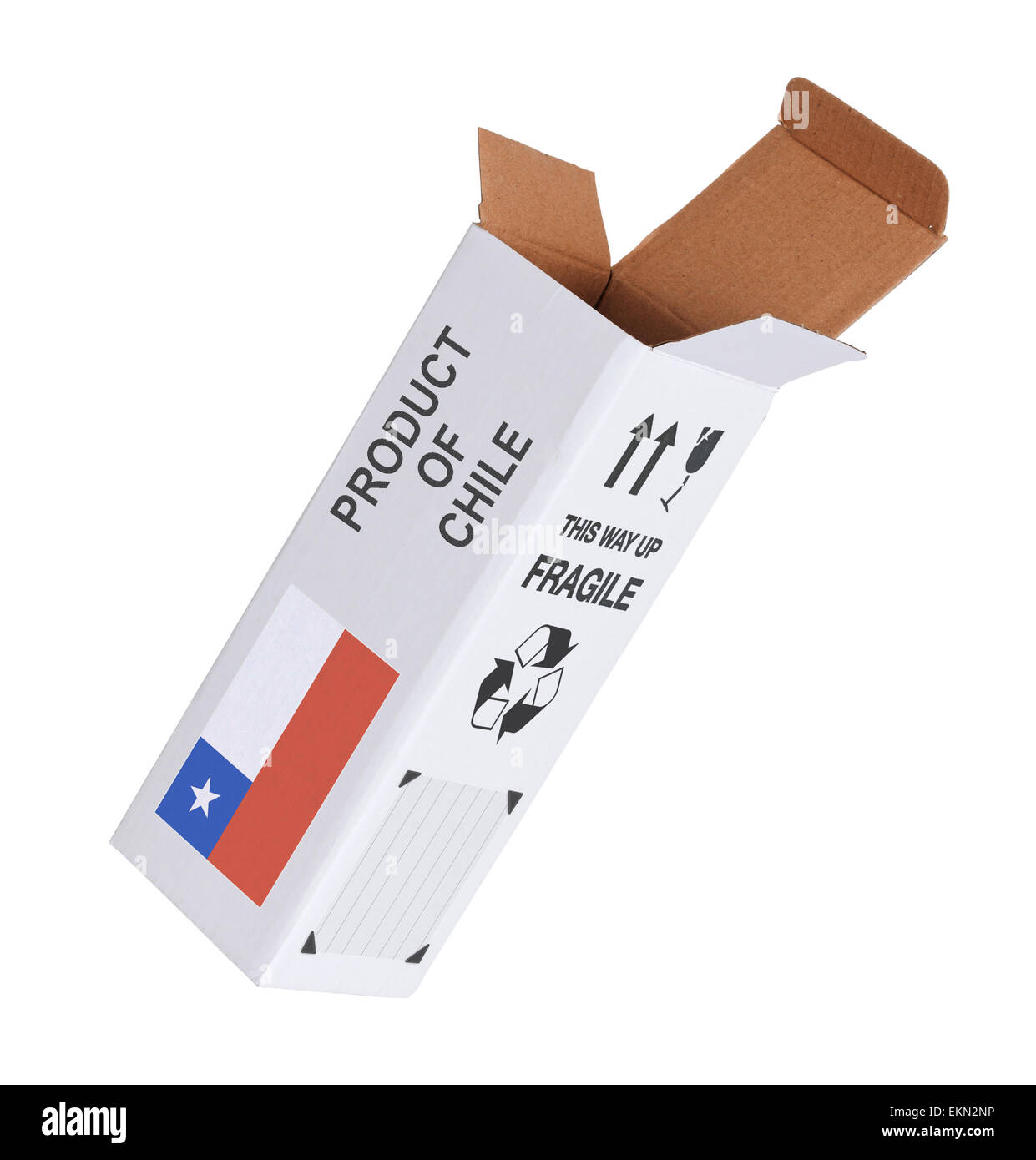 Concept of export, opened paper box - Product of Chile Stock Photo - Alamy