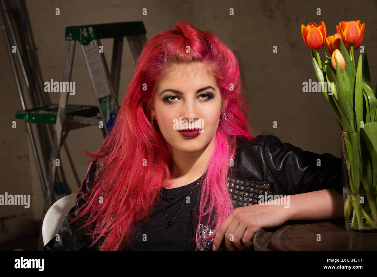 Calm Woman in Pink Hair Stock Photo - Alamy