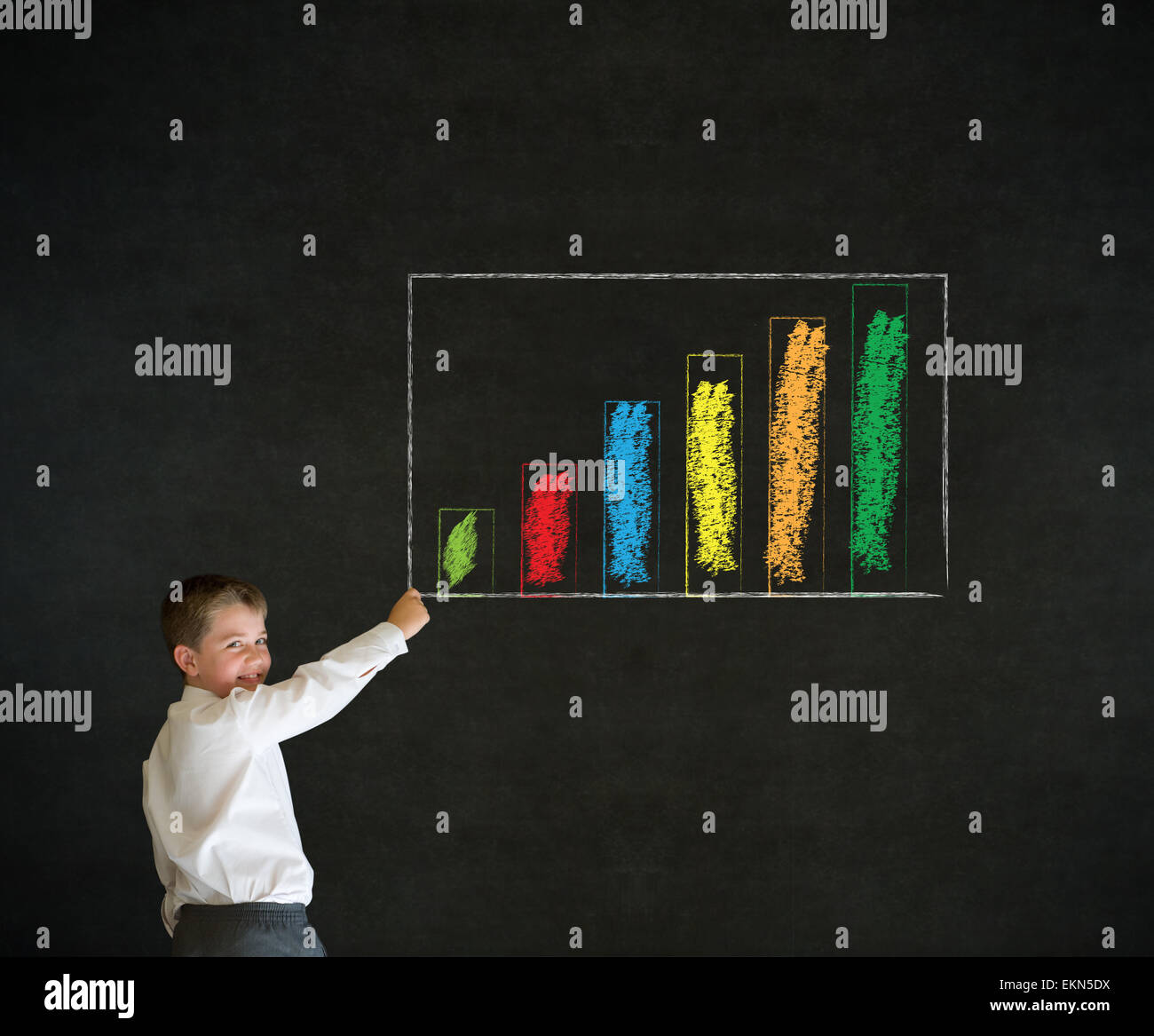 Writing boy business man with chalk graph or chart Stock Photo - Alamy