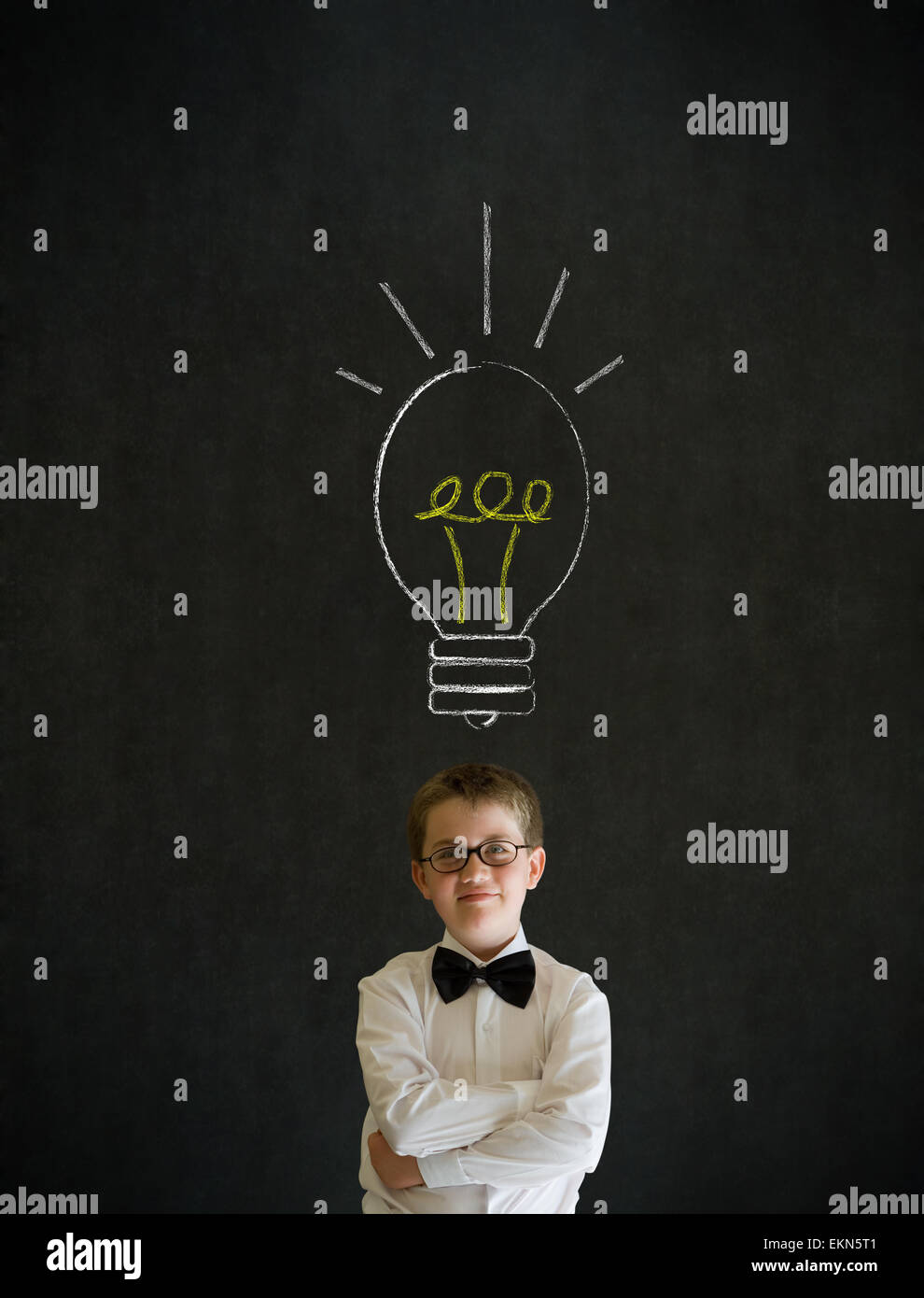 Thinking boy business man with bright idea chalk lightbulb Stock Photo ...