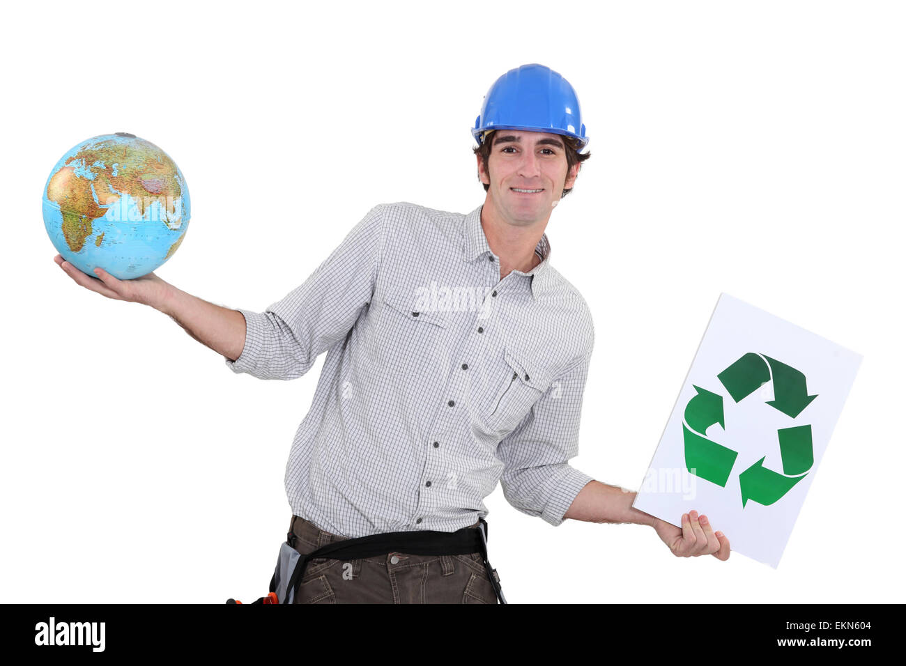 Craftsman holding a recycling label Stock Photo - Alamy