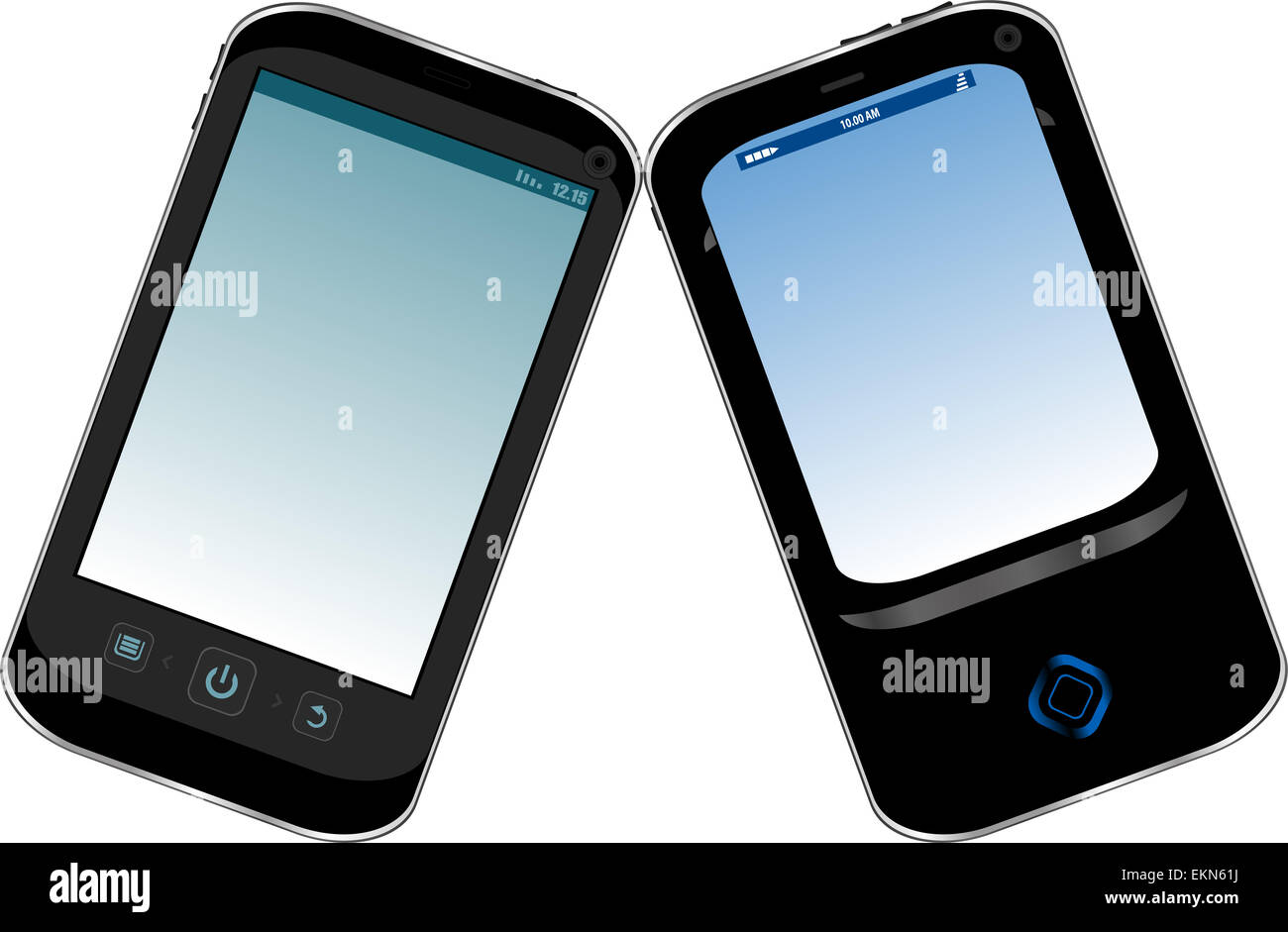 Two mobile smartphones with blank blue screen isolated on white Stock ...