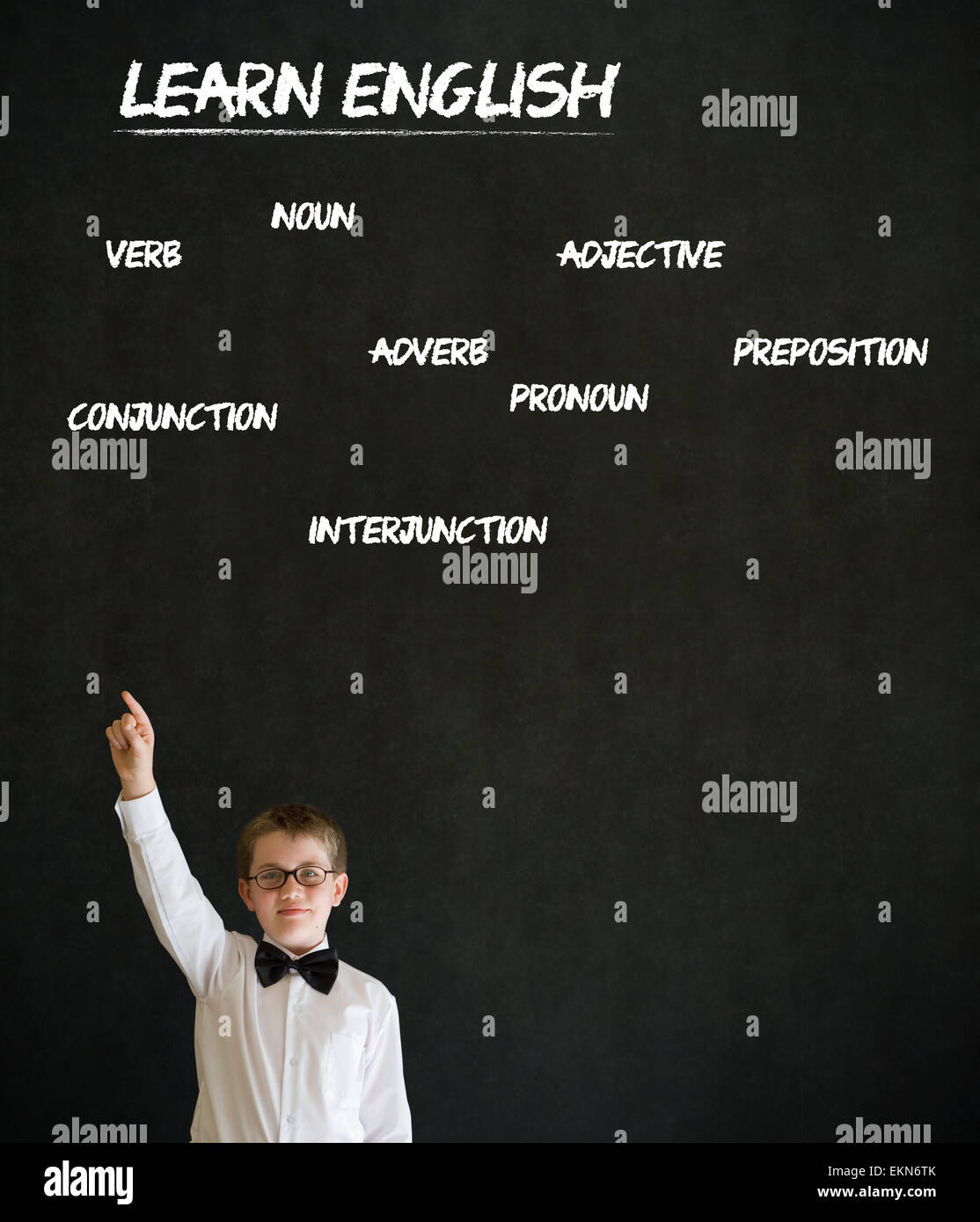 Hand up answer boy business man with learn English background Stock ...