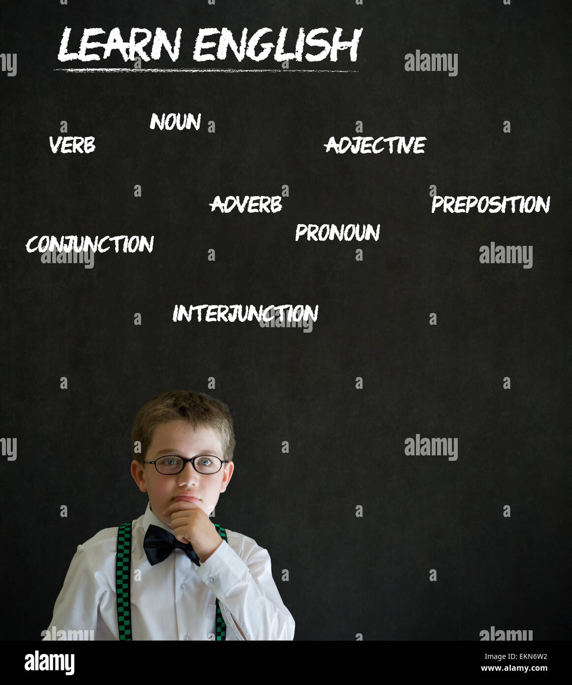 Thinking boy business man with learn English background Stock Photo - Alamy