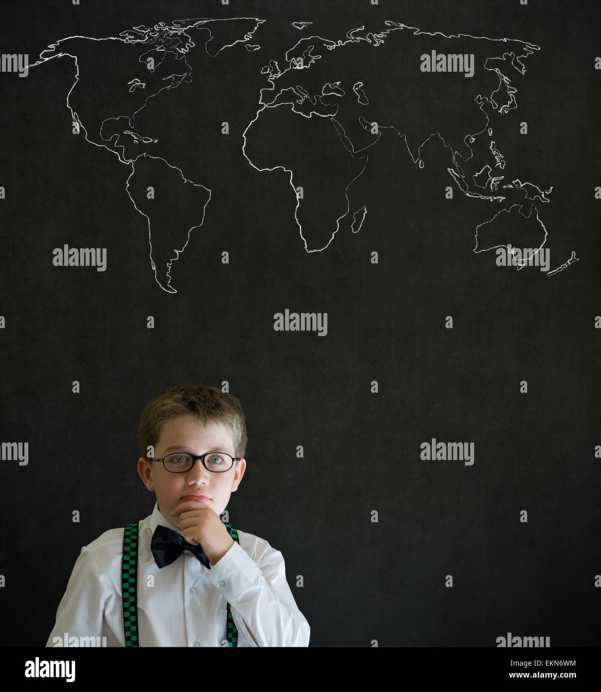 Thinking boy business man with chalk geography world map Stock Photo ...