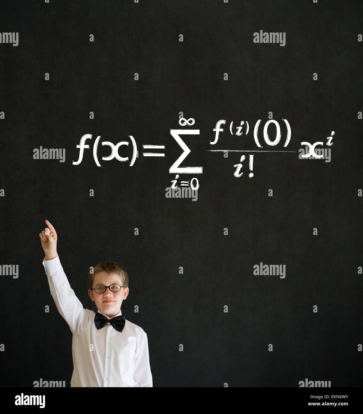 Hand up answer boy business man with maths equation Stock Photo - Alamy