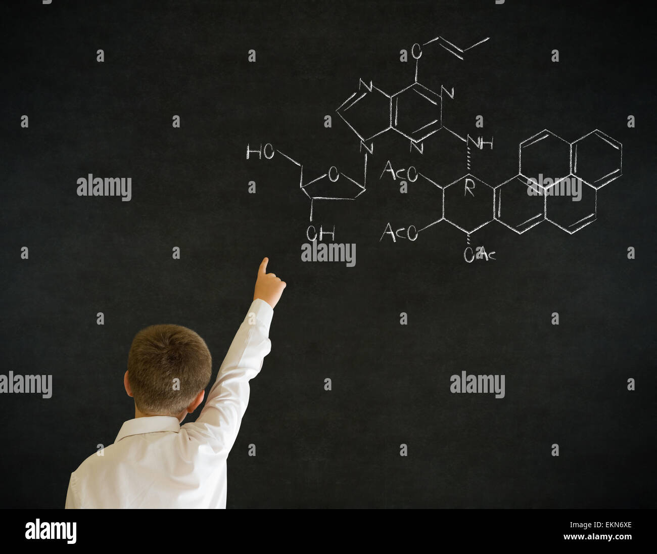 Hand up answer boy business man with science chemistry formula Stock ...